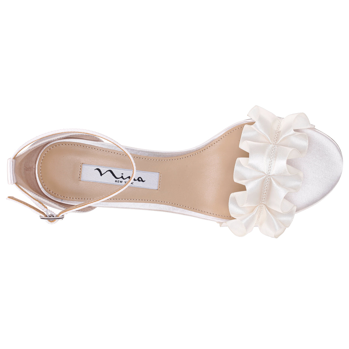 Womens Lisa White Satin with Ruffle Mid-Heel Sandals with Ankle-Strap ...